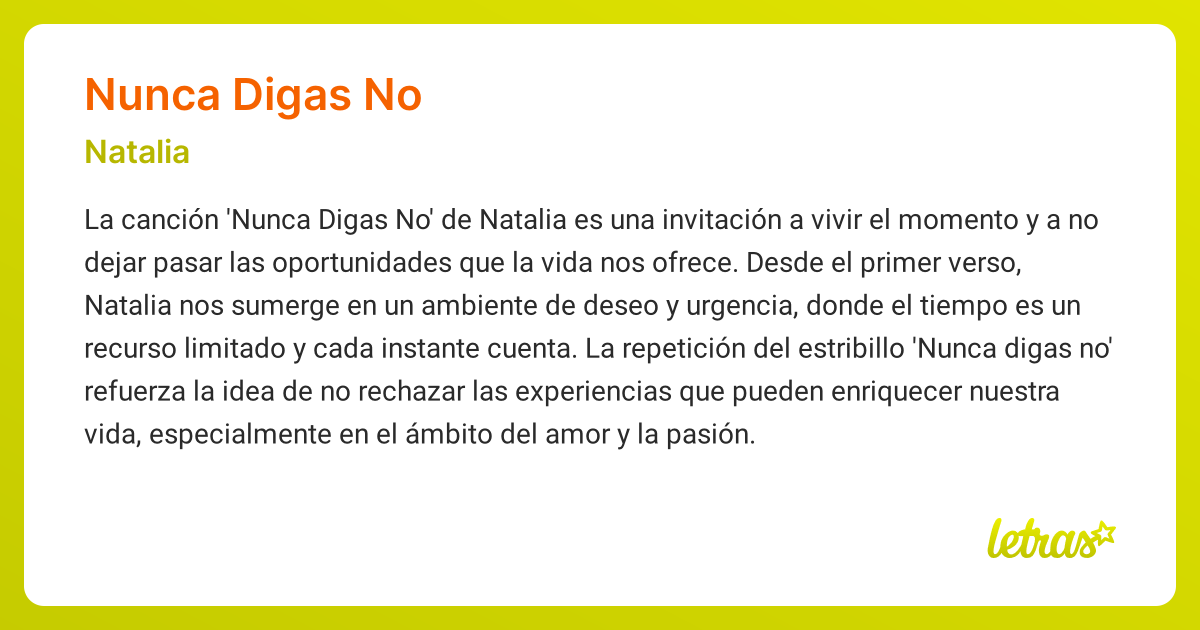 Significado de la canción NUNCA DIGAS NO (Natalia) - LETRAS.COM