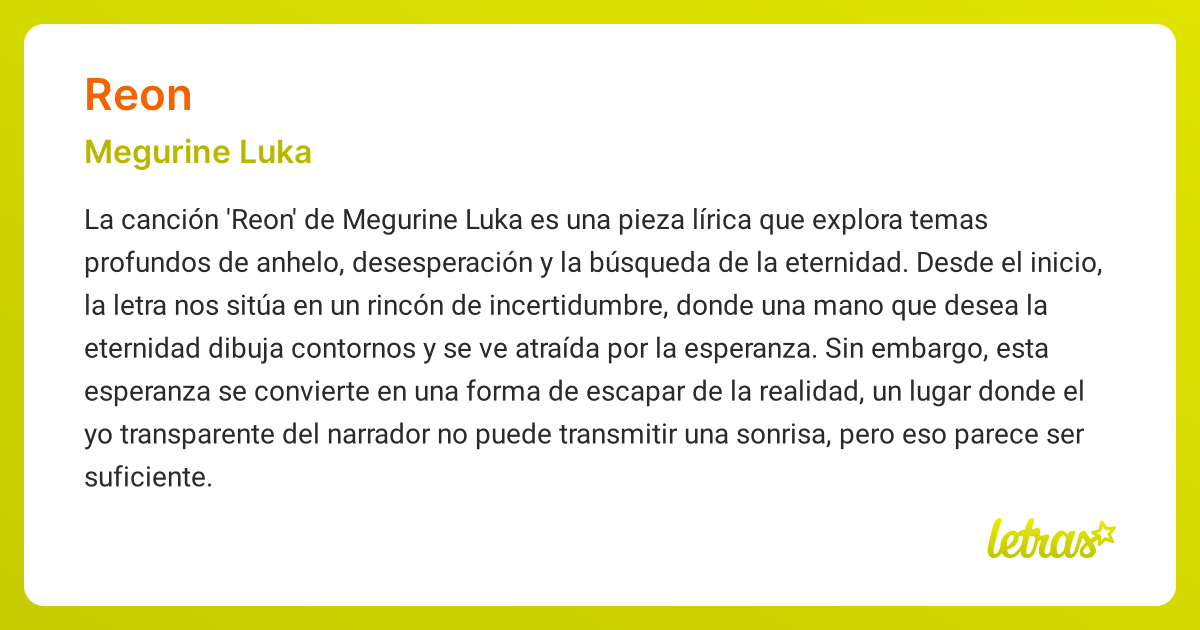 Significado de la canción REON (Megurine Luka) - LETRAS.COM