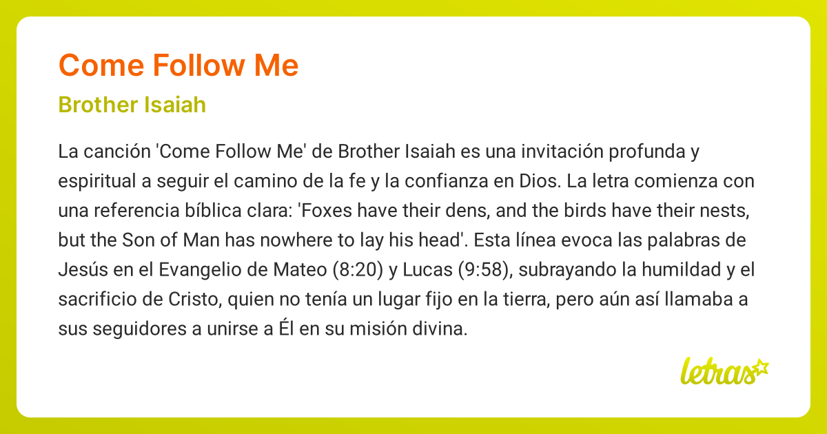 Significado de la canción COME FOLLOW ME (Brother Isaiah) - LETRAS.COM