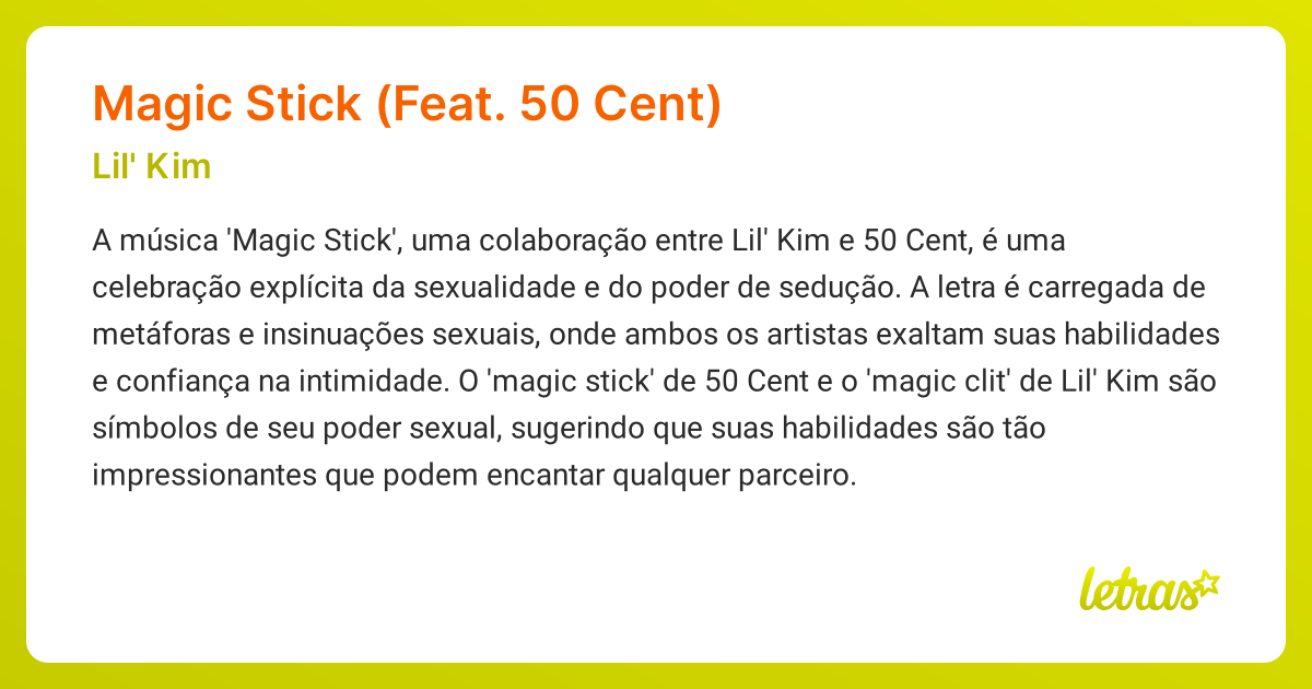 Significado da música MAGIC STICK (FEAT. 50 CENT) (Lil' Kim) - LETRAS ...