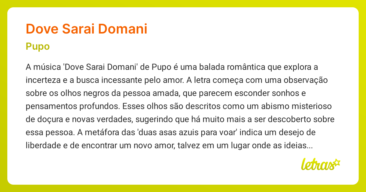 Significado da música DOVE SARAI DOMANI (Pupo) - LETRAS.MUS.BR