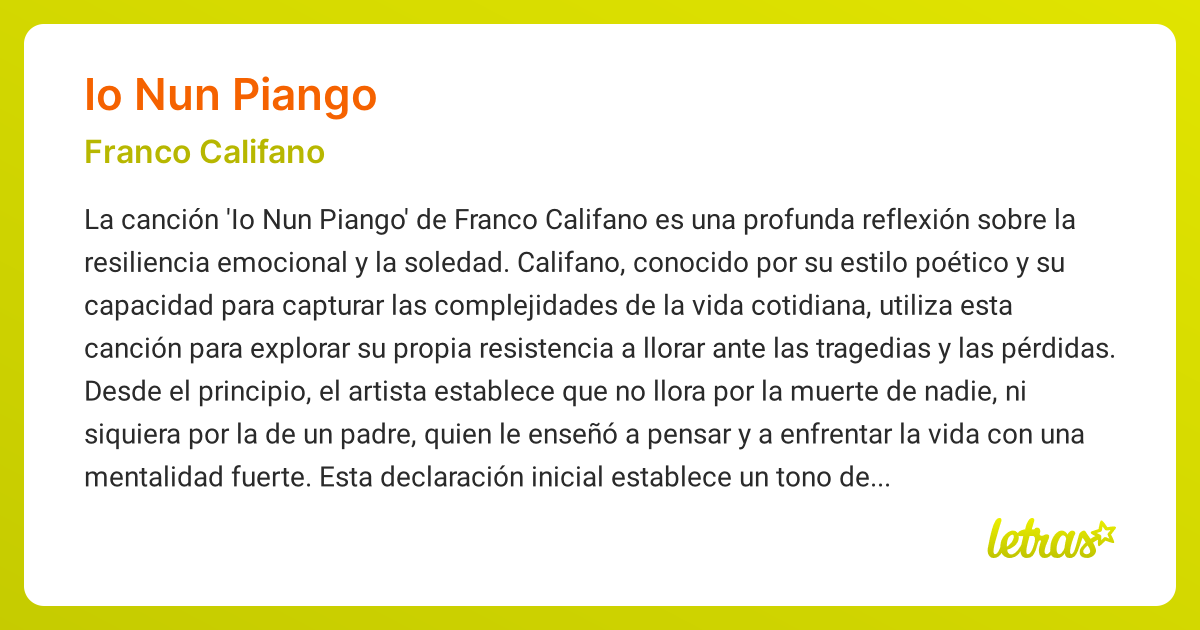 Significado de la canción IO NUN PIANGO (Franco Califano) - LETRAS.COM