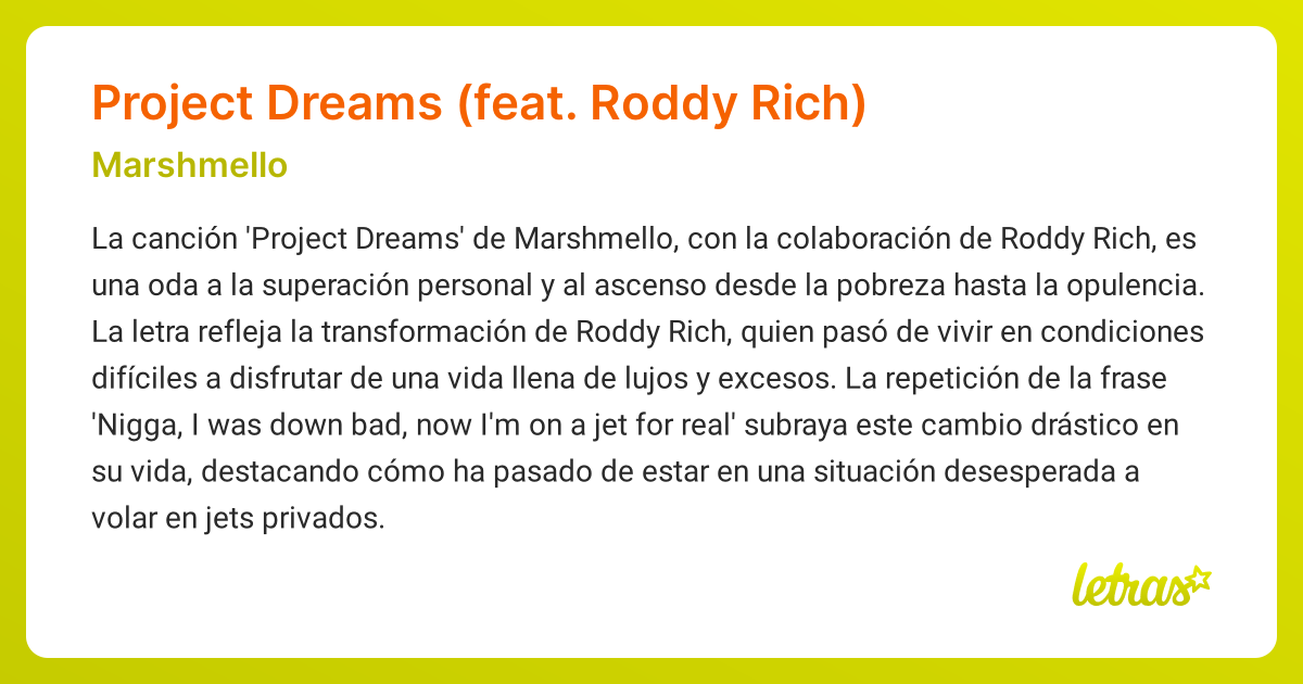 Significado de la canción Project Dreams (feat. Roddy Rich) (Marshmello ...