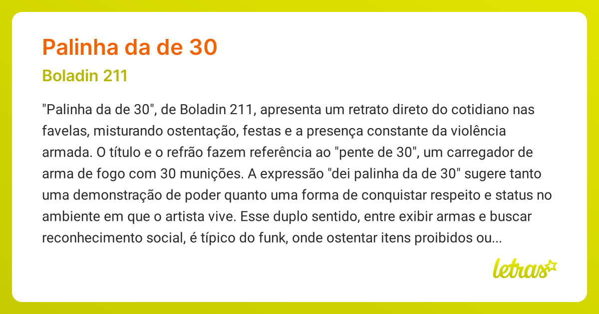 Significado da música PALINHA DA DE 30 (Boladin 211) - LETRAS.MUS.BR