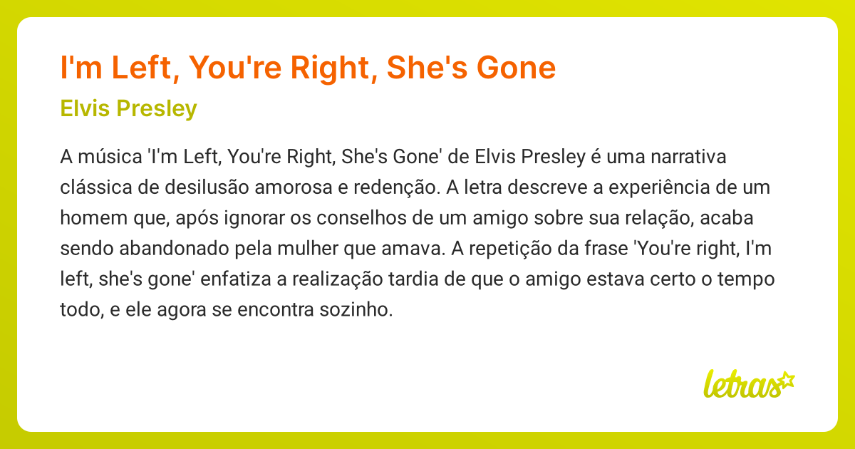 Significado da música I'm Left, You're Right, She's Gone (Elvis Presley ...