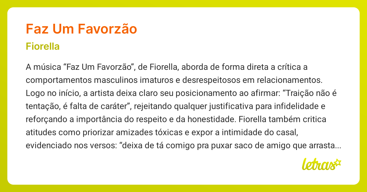 Significado da música FAZ UM FAVORZÃO (Fiorella) - LETRAS.MUS.BR