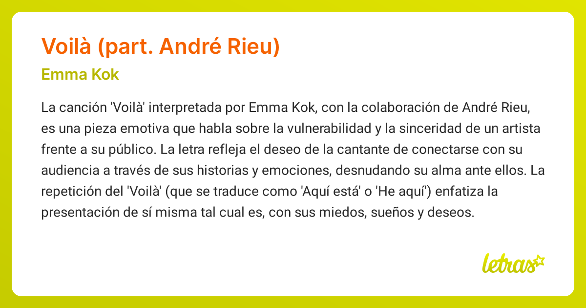 Significado de la canción VOILÀ (PART. ANDRÉ RIEU) (Emma Kok) - LETRAS.COM