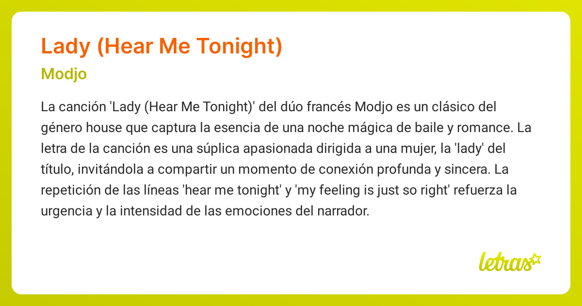 Significado de la canción LADY (HEAR ME TONIGHT) (Modjo) - LETRAS.COM