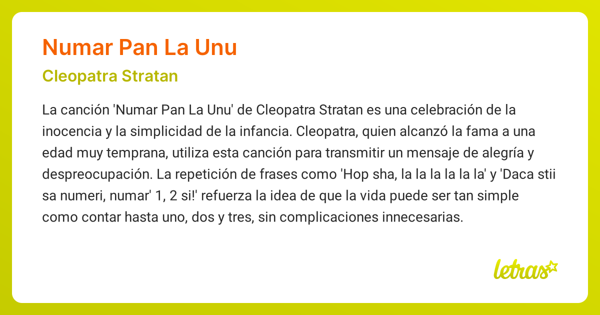 Significado de la canción NUMAR PAN LA UNU (Cleopatra Stratan) - LETRAS.COM