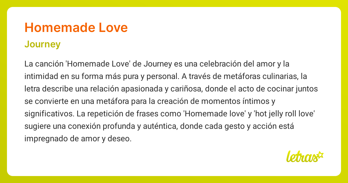Significado de la canción HOMEMADE LOVE (Journey) - LETRAS.COM