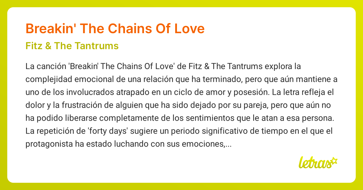 Significado de la canción BREAKIN' THE CHAINS OF LOVE (Fitz & The ...