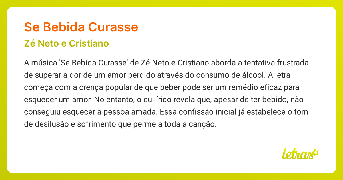 Significado da música SE BEBIDA CURASSE (Zé Neto e Cristiano) - LETRAS ...