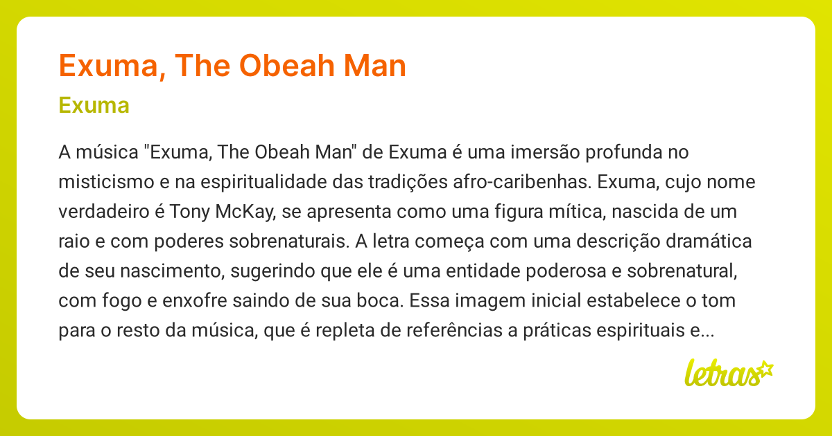 Significado da música EXUMA, THE OBEAH MAN (Exuma) - LETRAS.MUS.BR