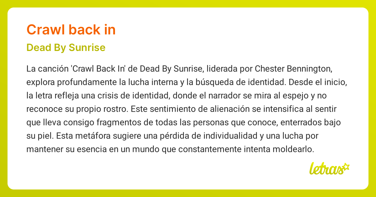 Significado de la canción CRAWL BACK IN (Dead By Sunrise) - LETRAS.COM