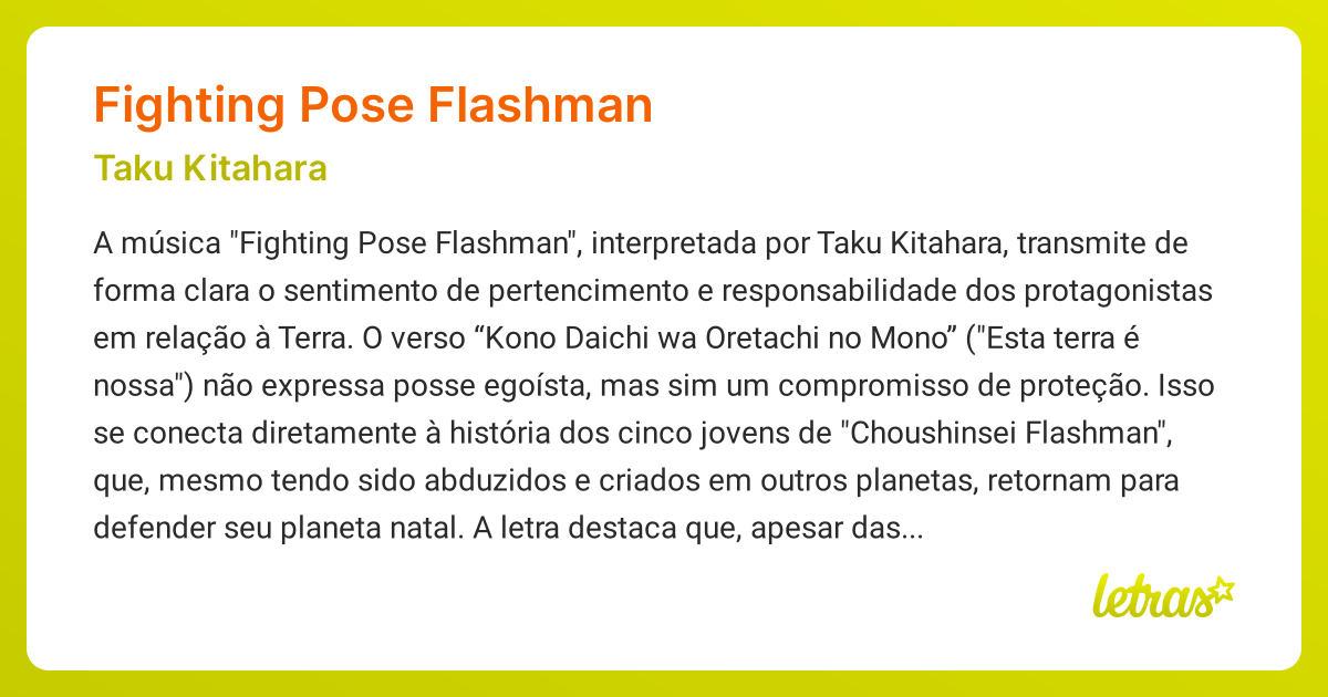 Significado da música FIGHTING POSE FLASHMAN (Taku Kitahara) - LETRAS ...
