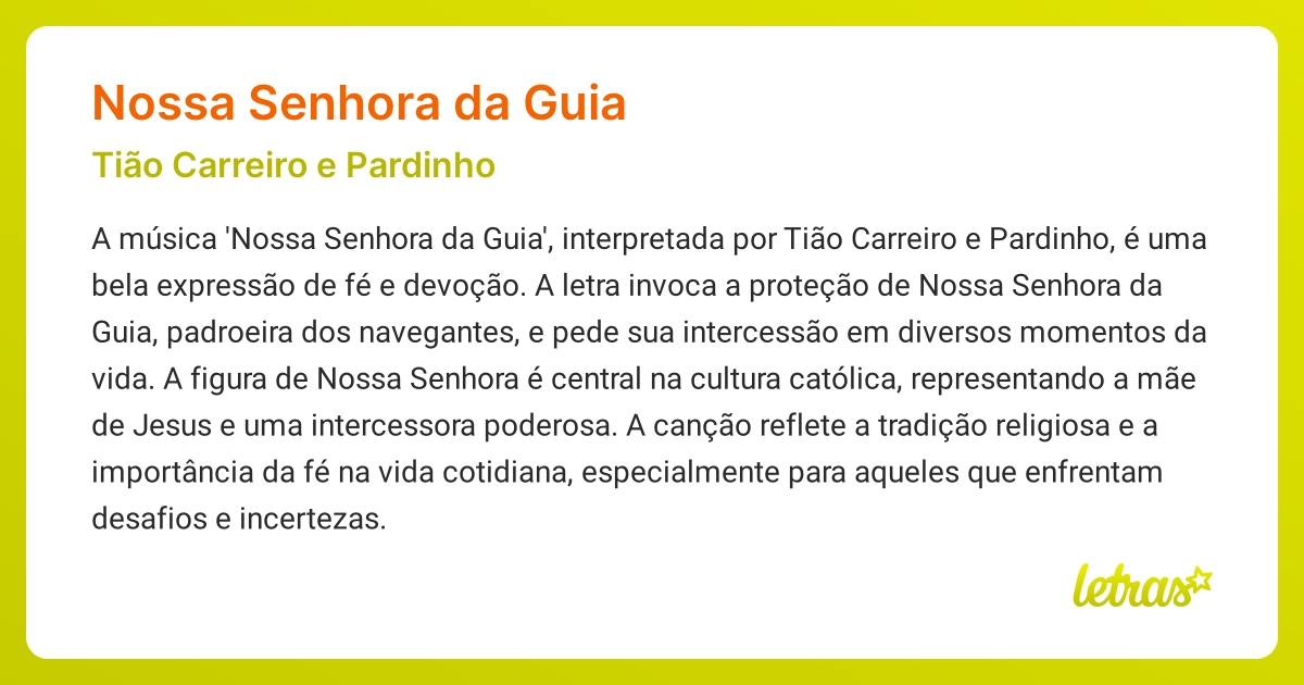 Significado da música NOSSA SENHORA DA GUIA (Tião Carreiro e Pardinho ...