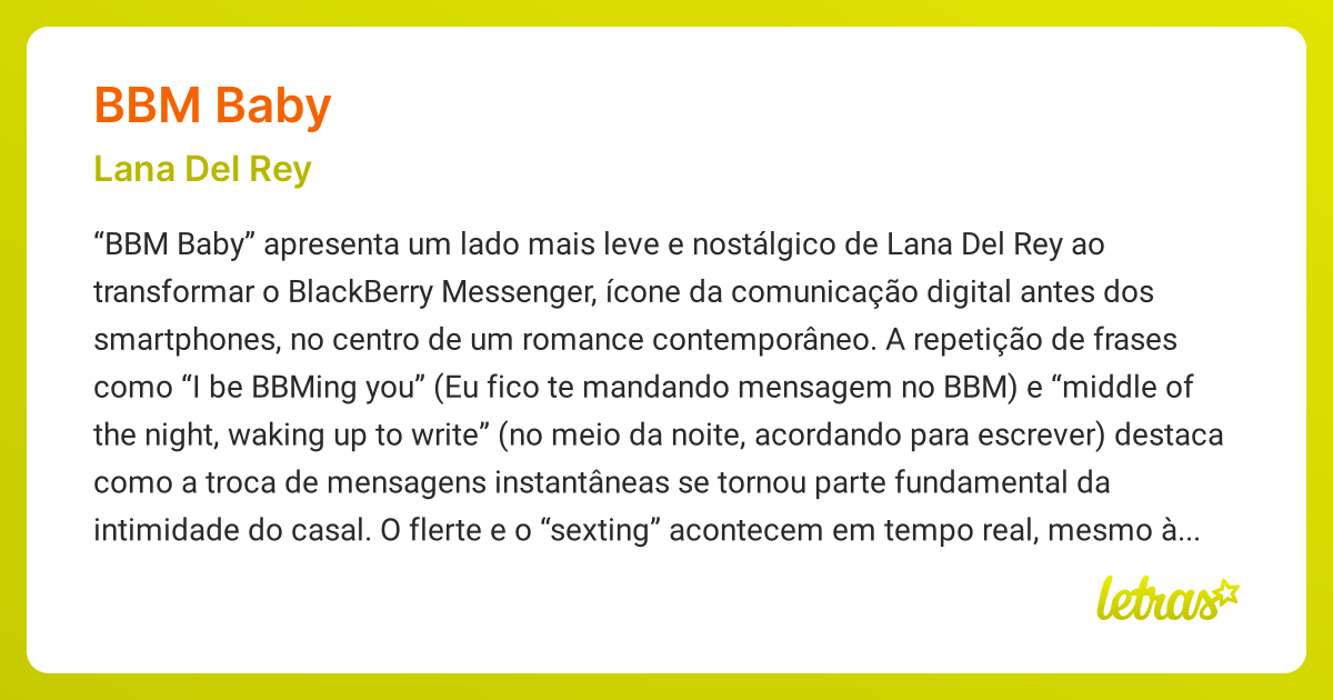 Significado da música BBM BABY (Lana Del Rey) - LETRAS.MUS.BR