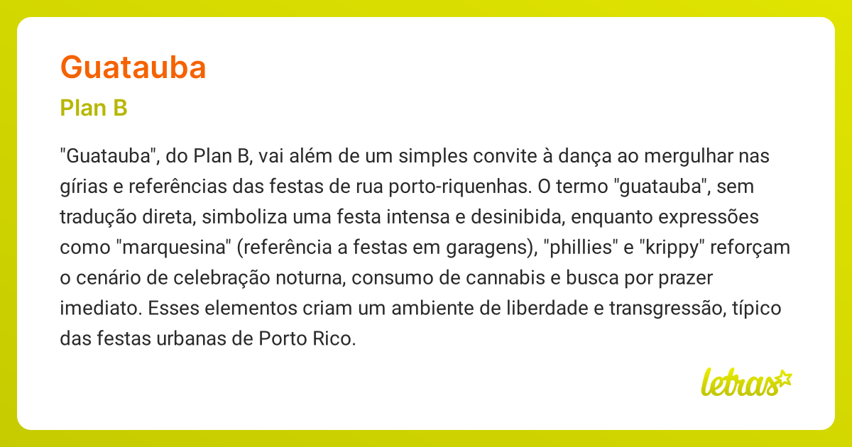 Significado da música GUATAUBA (Plan B) - LETRAS.MUS.BR