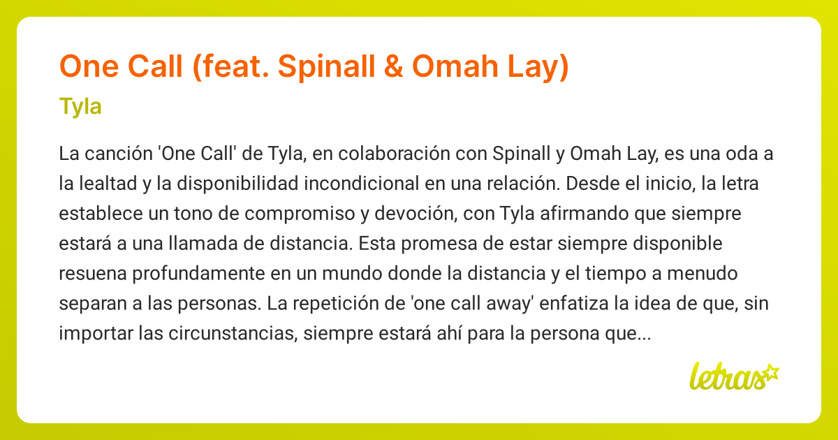 Significado de la canción One Call (feat. Spinall & Omah Lay) (Tyla ...