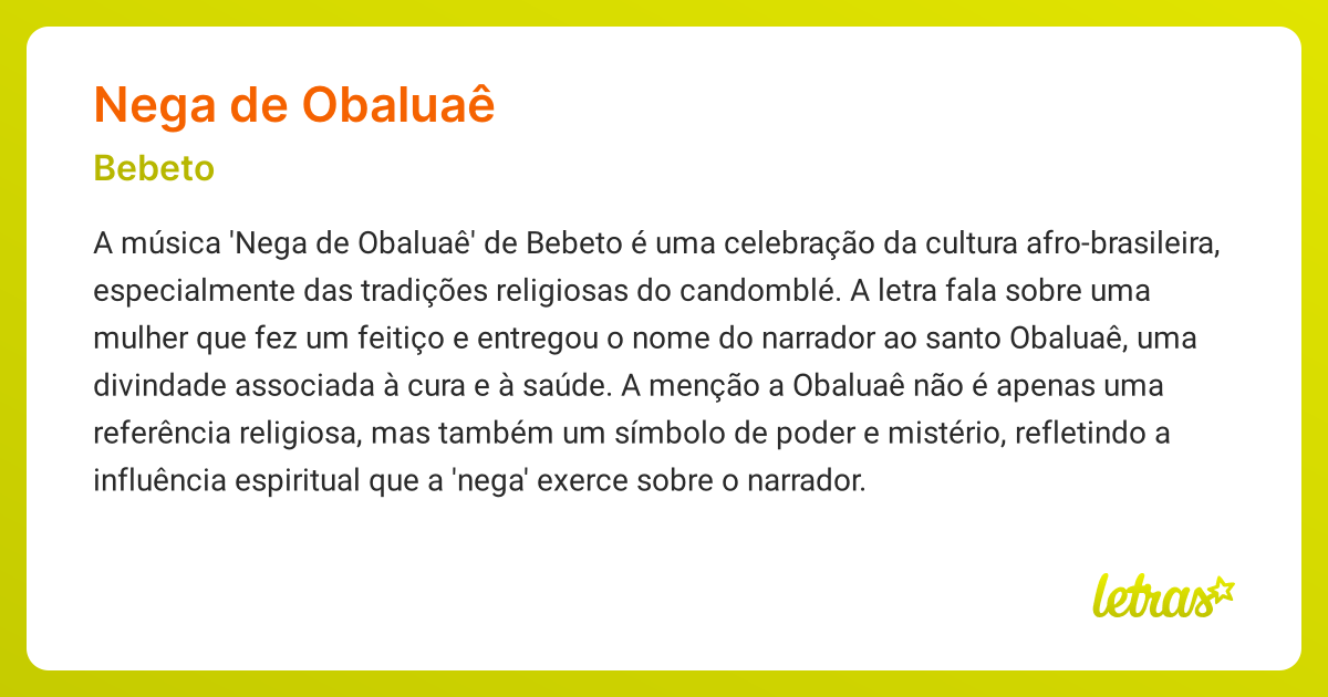 Significado da música NEGA DE OBALUAÊ (Bebeto) - LETRAS.MUS.BR