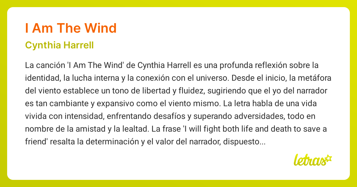 Significado de la canción I AM THE WIND (Cynthia Harrell) - LETRAS.COM