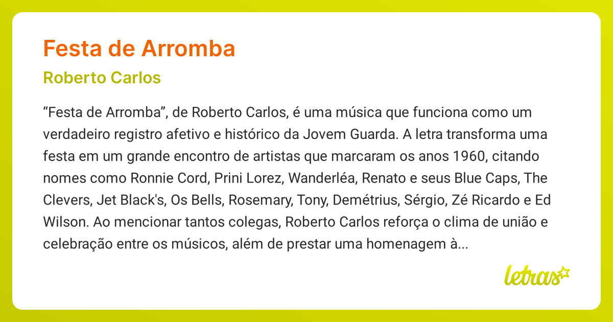 Significado da música FESTA DE ARROMBA (Roberto Carlos) - LETRAS.MUS.BR