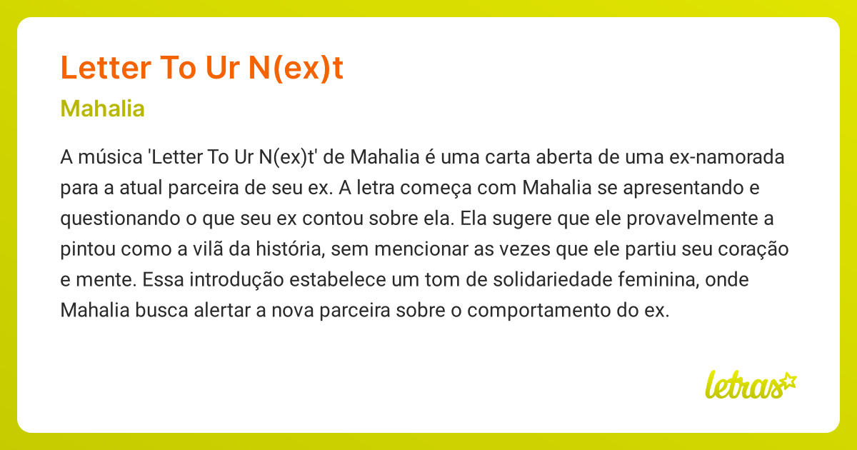 Significado da música LETTER TO UR N(EX)T (Mahalia) - LETRAS.MUS.BR