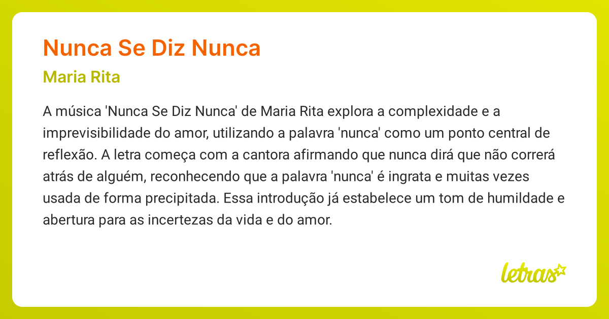 Significado da música NUNCA SE DIZ NUNCA (Maria Rita) - LETRAS.MUS.BR