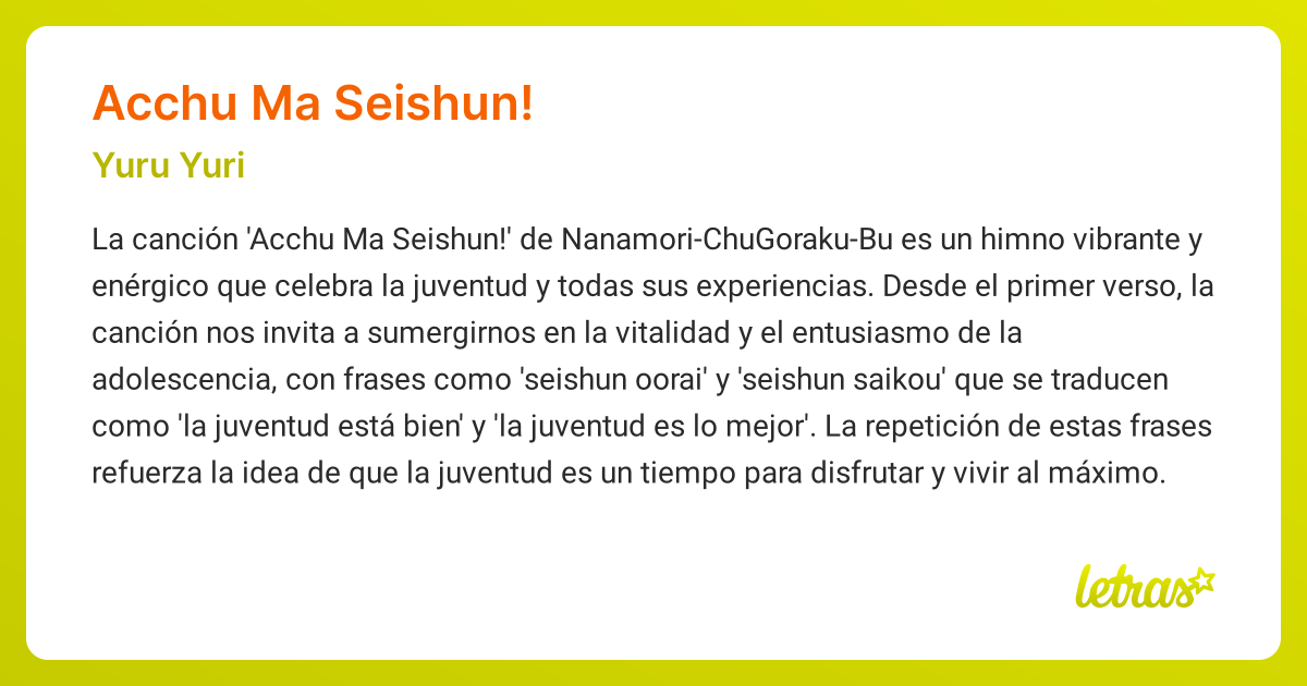 Significado de la canción ACCHU MA SEISHUN! (Yuru Yuri) - LETRAS.COM