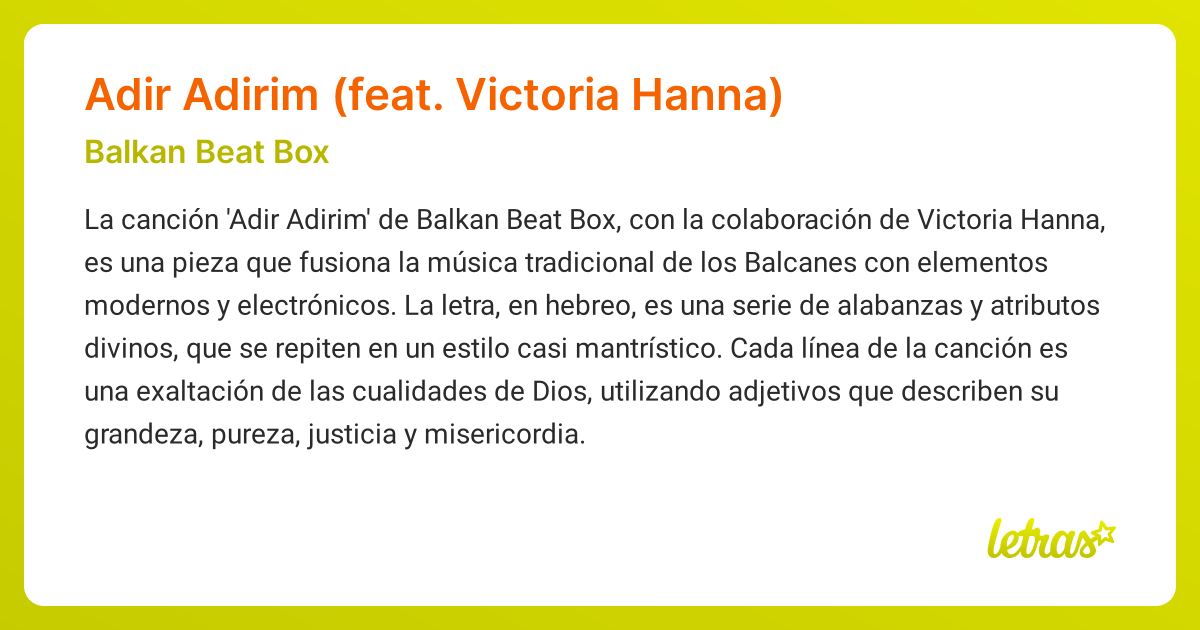 Significado de la canción Adir Adirim (feat. Victoria Hanna) (Balkan ...