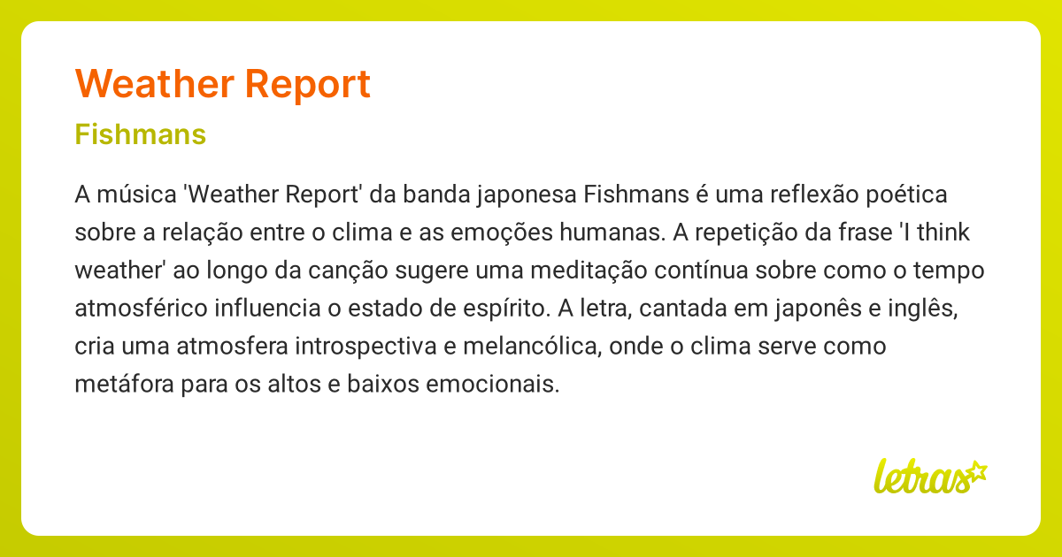Significado da música WEATHER REPORT (Fishmans) - LETRAS.MUS.BR
