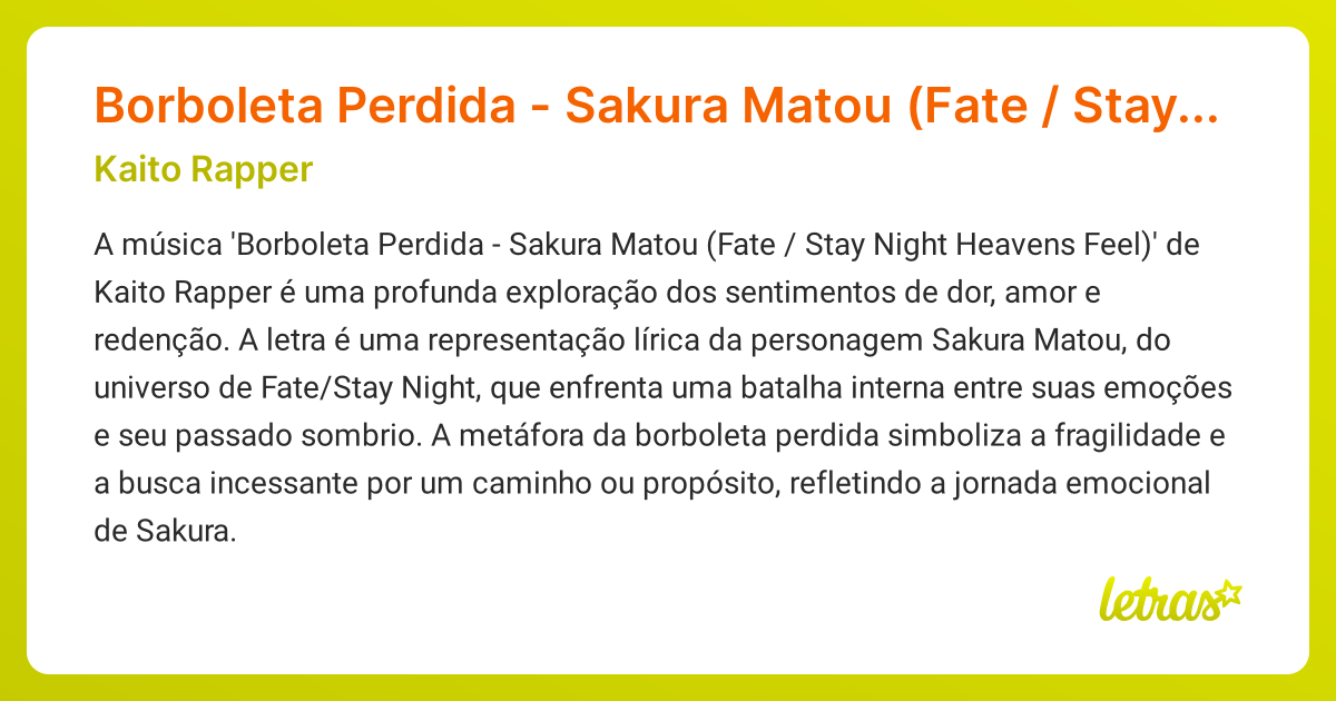 Significado da música Borboleta Perdida - Sakura Matou (Fate / Stay ...