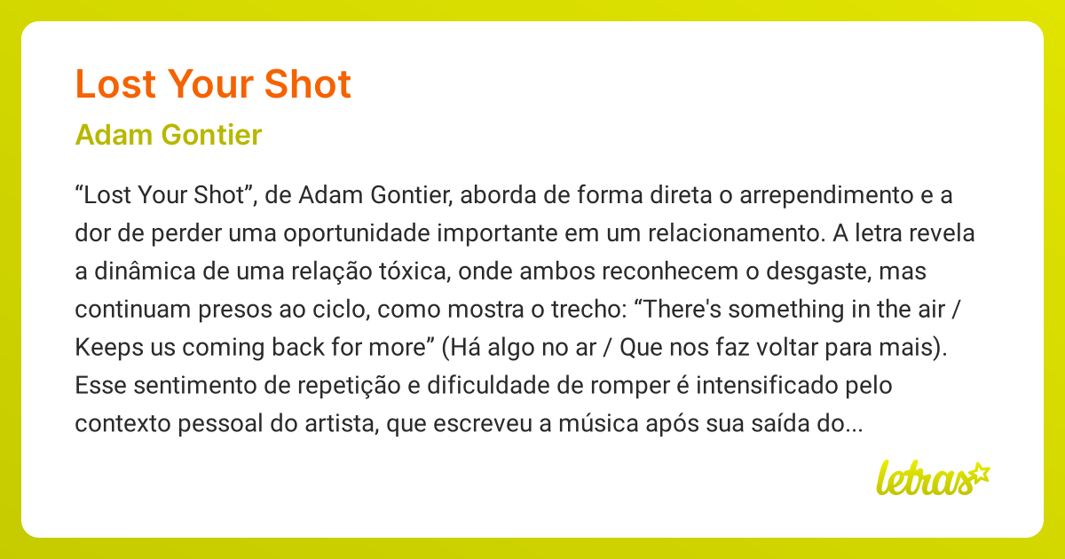 Significado da música LOST YOUR SHOT (Adam Gontier) - LETRAS.MUS.BR