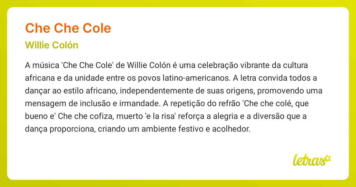 Significado da música CHE CHE COLE (Willie Colón) - LETRAS.MUS.BR