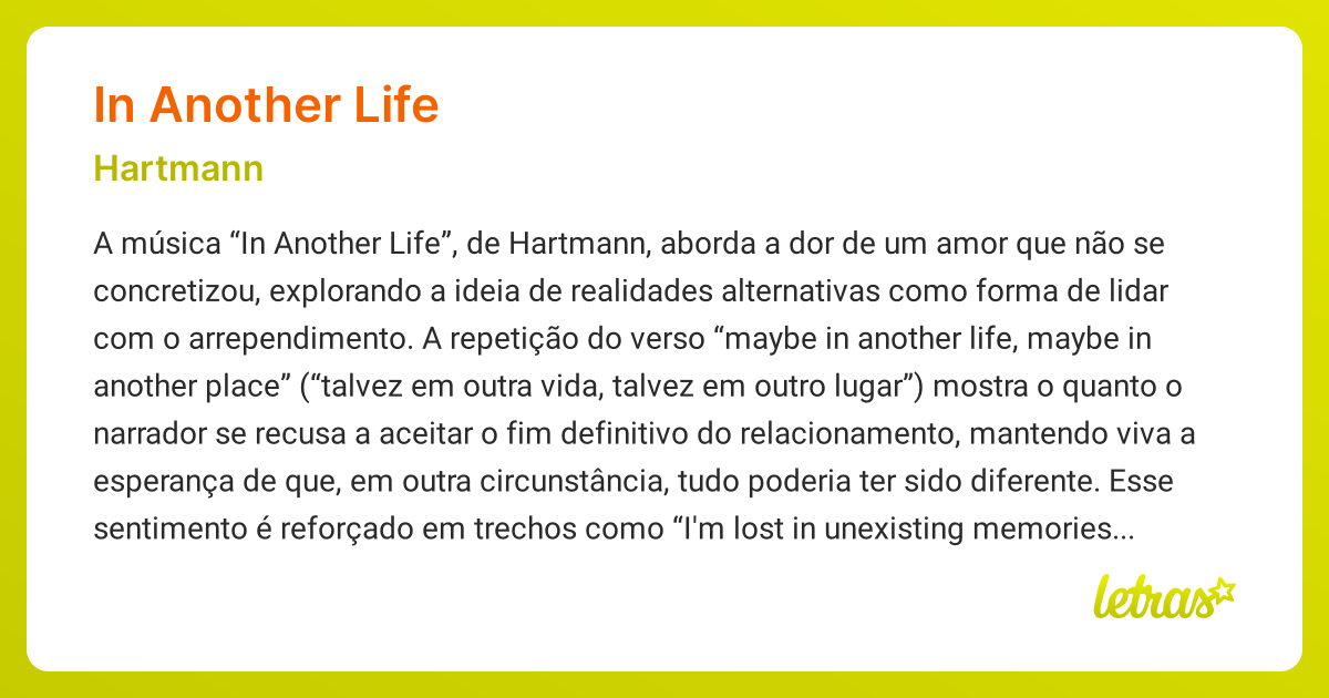 Significado da música IN ANOTHER LIFE (Hartmann) - LETRAS.MUS.BR