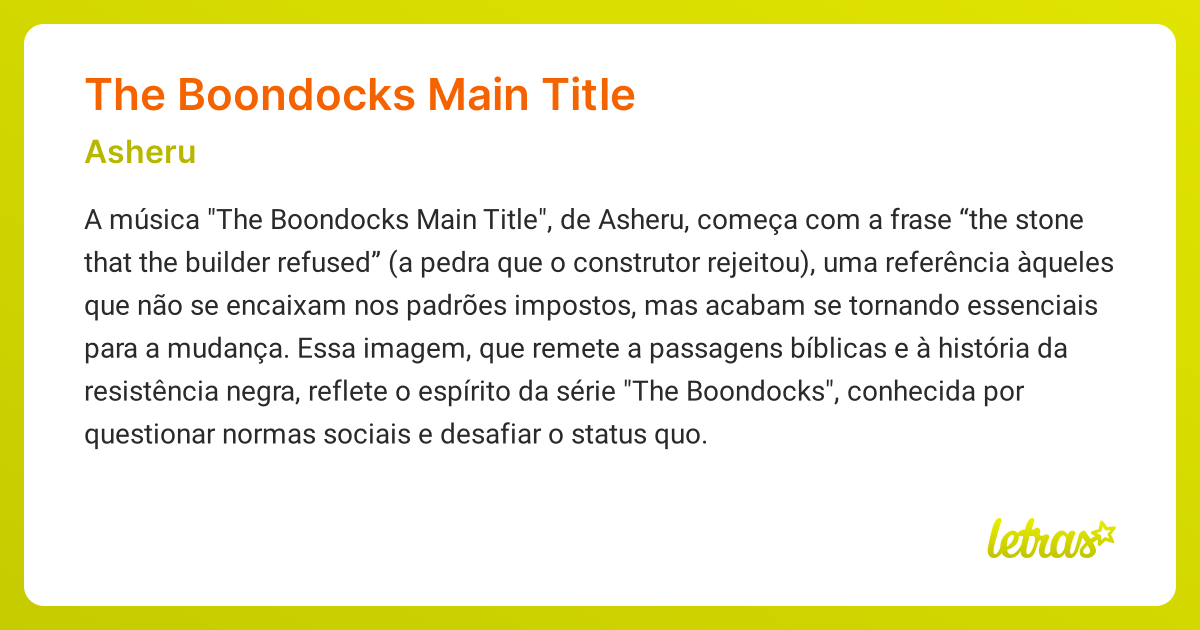 Significado da música THE BOONDOCKS MAIN TITLE (Asheru) - LETRAS.MUS.BR