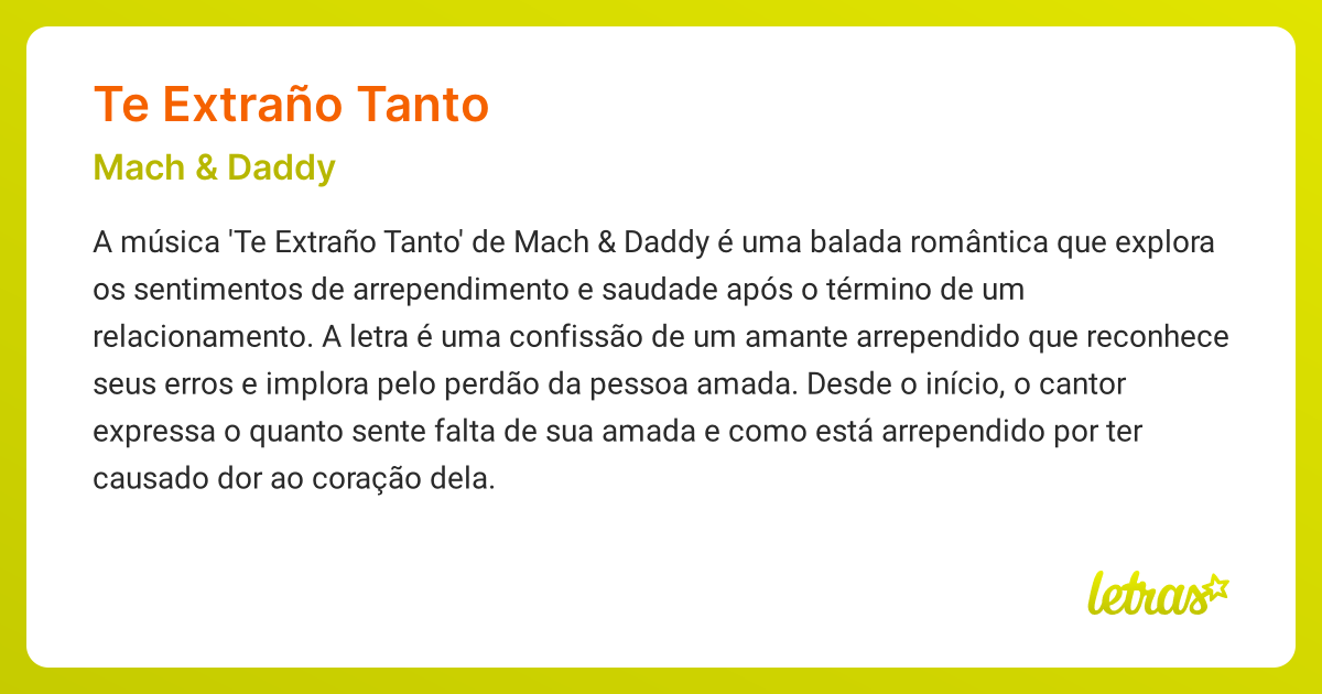 Significado da música TE EXTRAÑO TANTO (Mach & Daddy) - LETRAS.MUS.BR