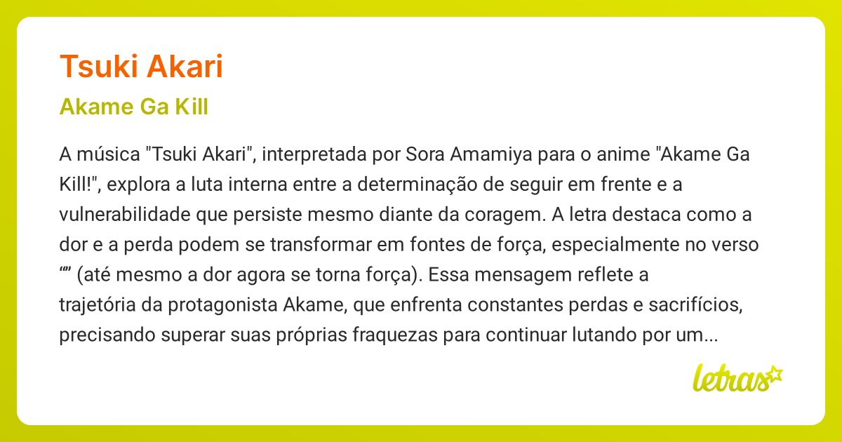 Significado da música TSUKI AKARI (Akame Ga Kill) - LETRAS.MUS.BR