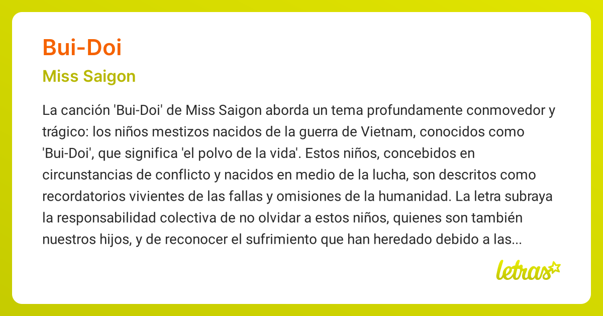 Significado de la canción BUI-DOI (Miss Saigon) - LETRAS.COM