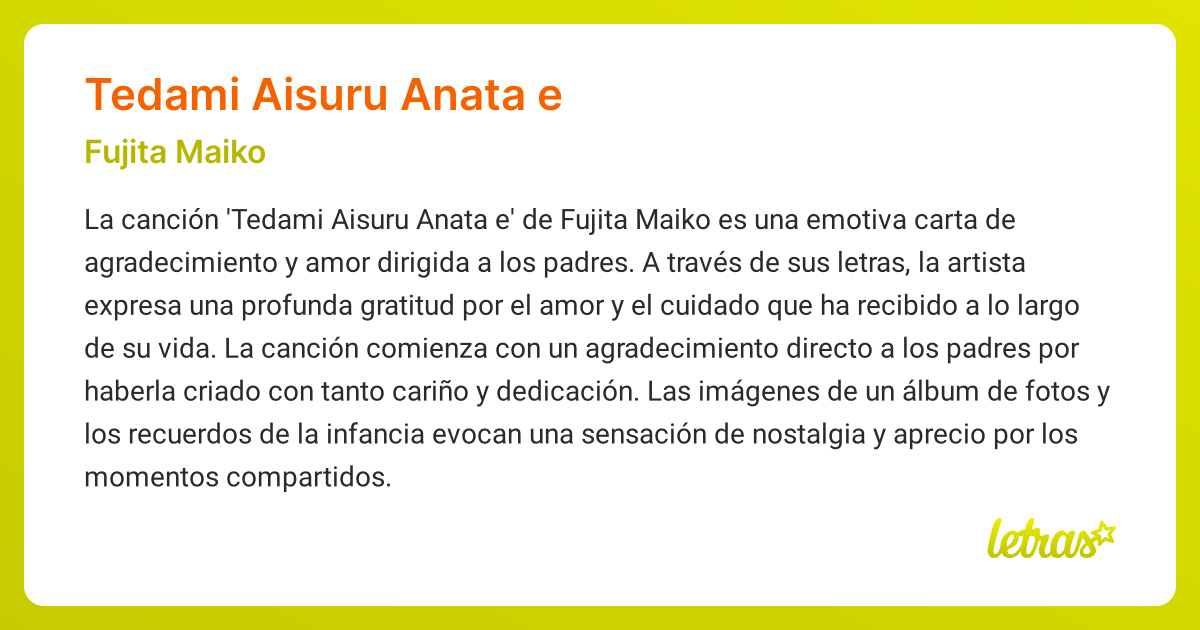 Significado de la canción TEDAMI AISURU ANATA E (Fujita Maiko) - LETRAS.COM