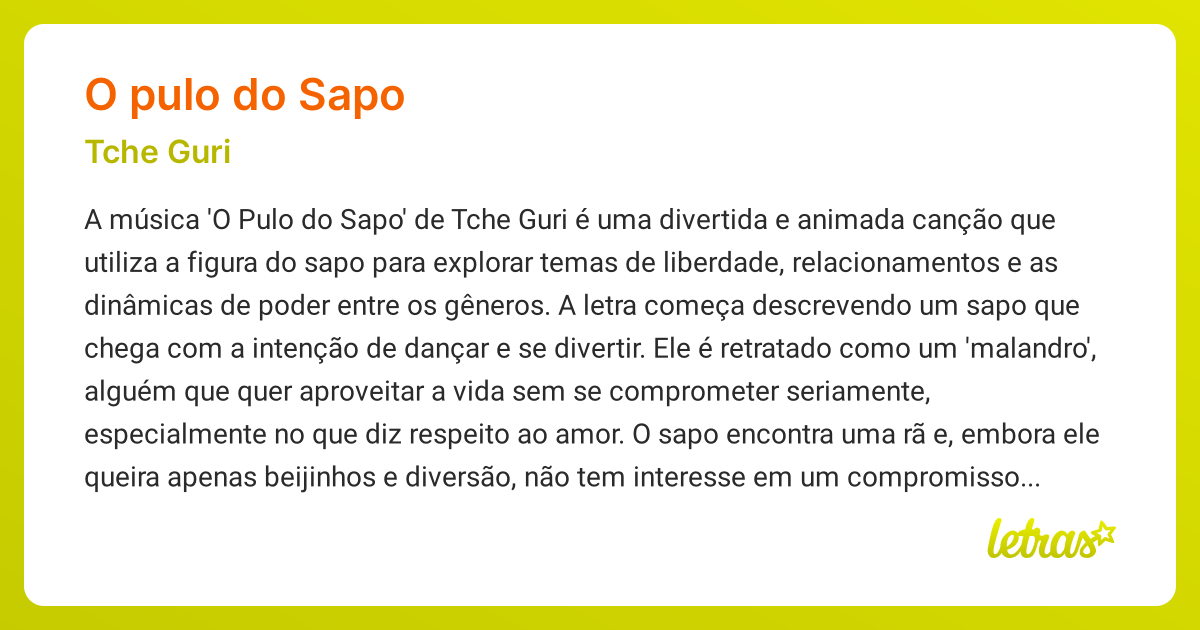 Significado da música O PULO DO SAPO (Tche Guri) - LETRAS.MUS.BR