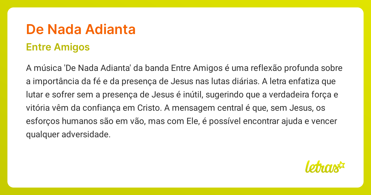 Significado da música DE NADA ADIANTA (Entre Amigos) - LETRAS.MUS.BR