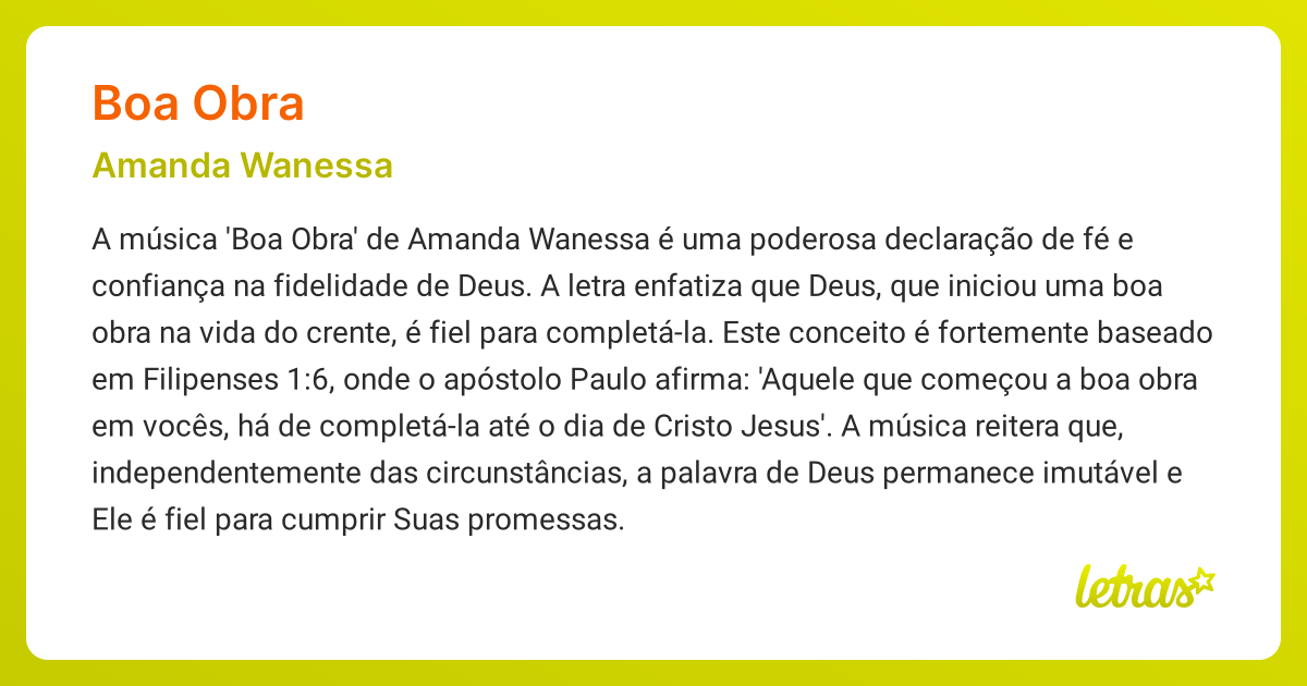 Significado da música BOA OBRA (Amanda Wanessa) - LETRAS.MUS.BR
