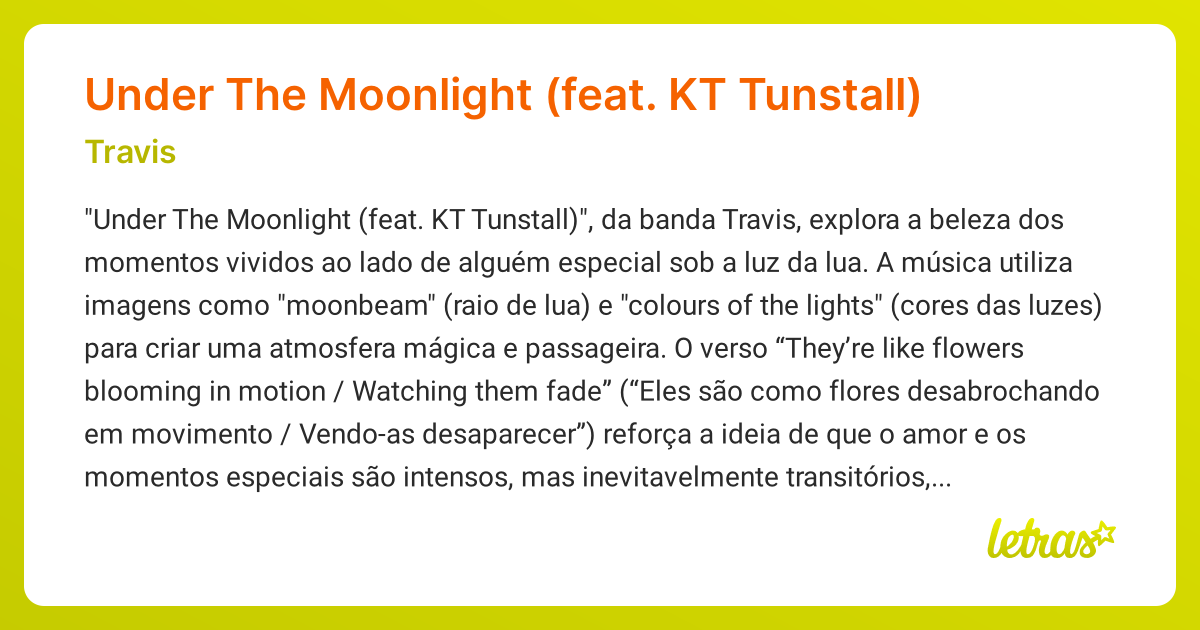 Significado da música Under The Moonlight (feat. KT Tunstall) (Travis ...