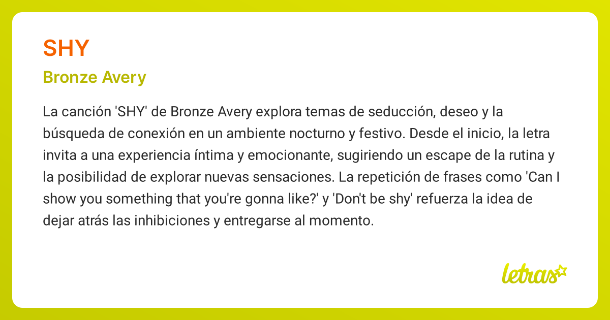 Significado de la canción SHY (Bronze Avery) - LETRAS.COM