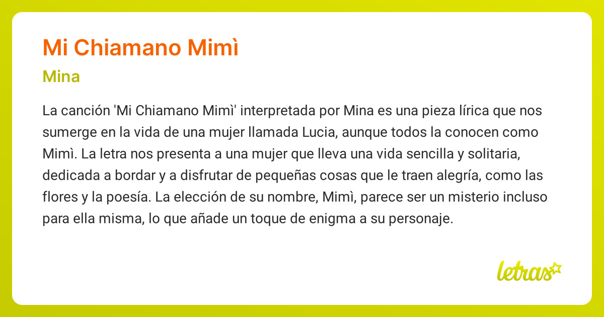 Significado de la canción MI CHIAMANO MIMÌ (Mina) - LETRAS.COM