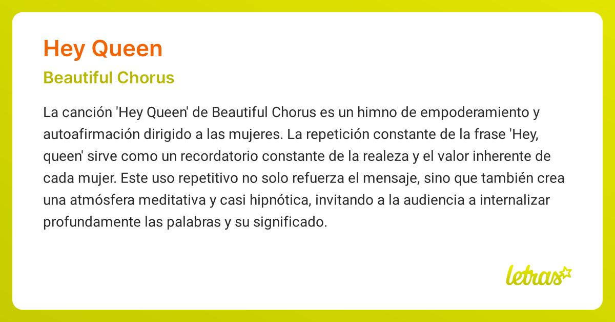 Significado de la canción HEY QUEEN (Beautiful Chorus) - LETRAS.COM