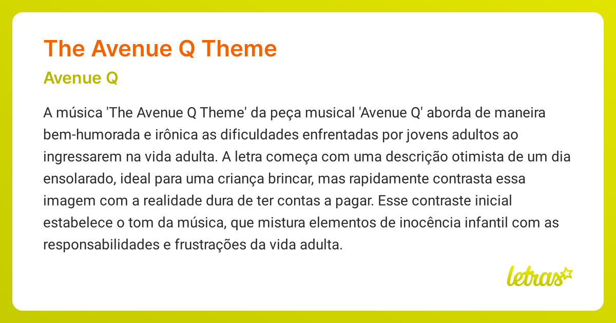 Significado da música THE AVENUE Q THEME (Avenue Q) - LETRAS.MUS.BR