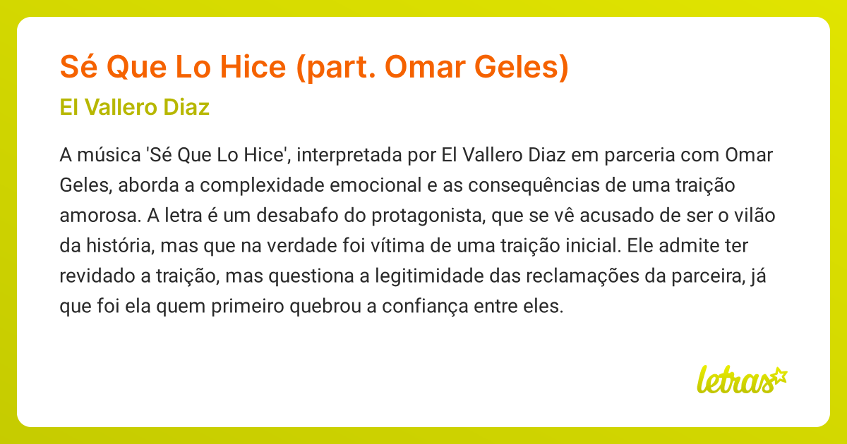 Significado da música Sé Que Lo Hice (part. Omar Geles) (El Vallero ...