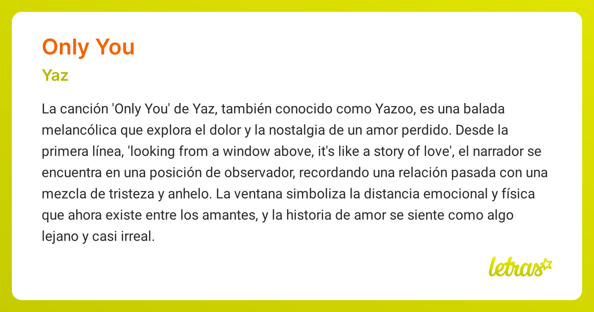 Significado de la canción ONLY YOU (Yaz) - LETRAS.COM